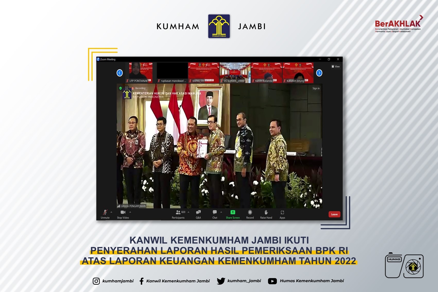 Kanwil Kemenkumham Jambi Ikuti Penyerahan Laporan Hasil Pemeriksaan BPK RI atas Laporan Keuangan ...