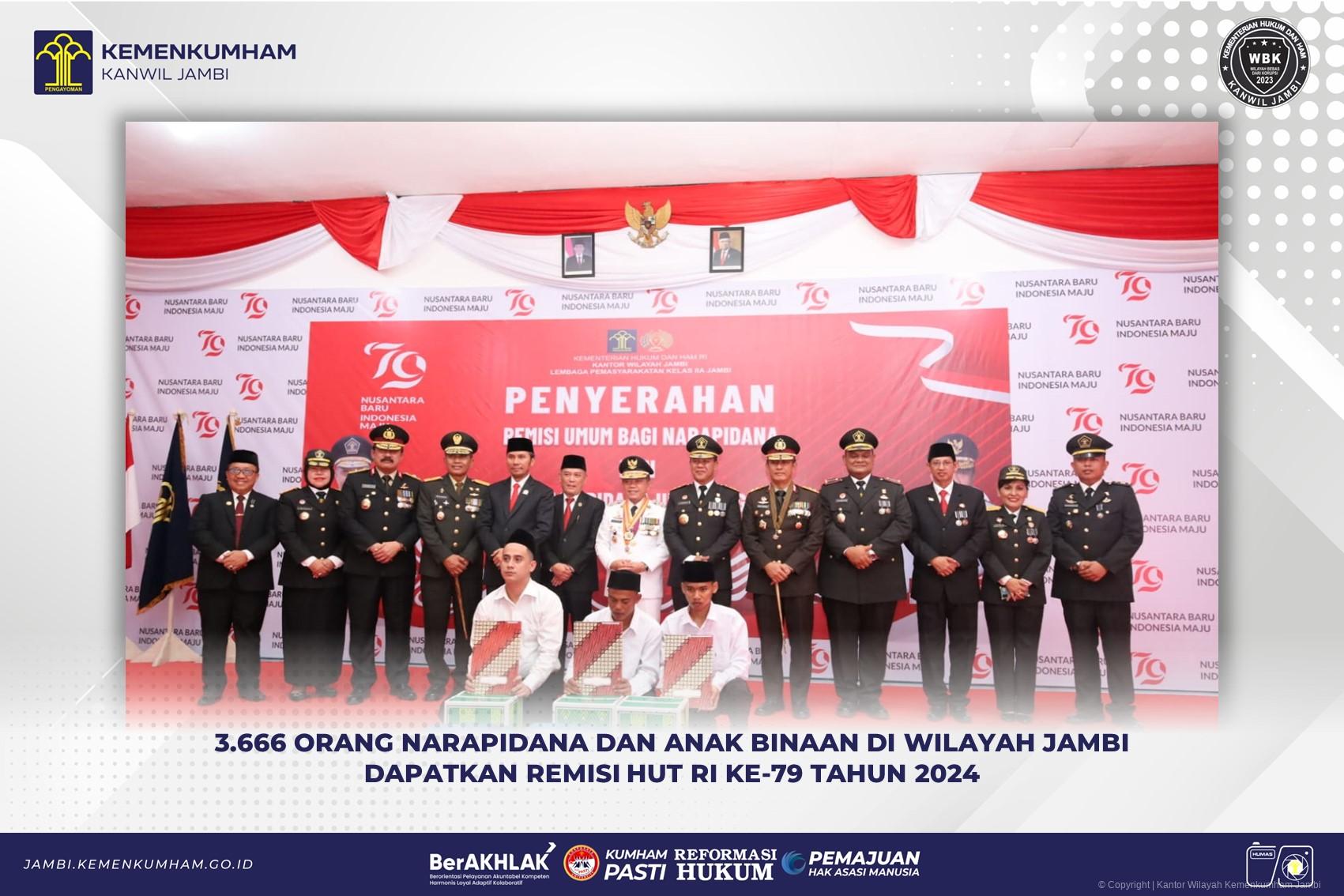 3.666 Orang Narapidana dan Anak Binaan di Wilayah Jambi Dapatkan Remisi HUT RI ke-79 Tahun 2024